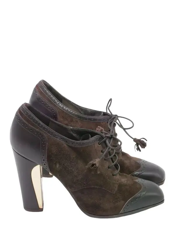 FERRAGAMO Lace-up Brogue Heeled Pumps - Brown