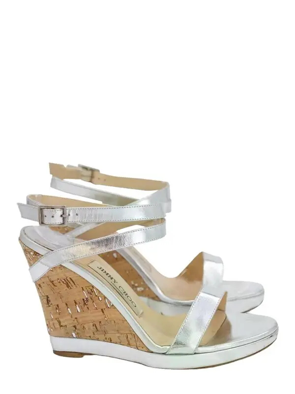 JIMMY CHOO Leather Strappy Wedge Sandals - Silver