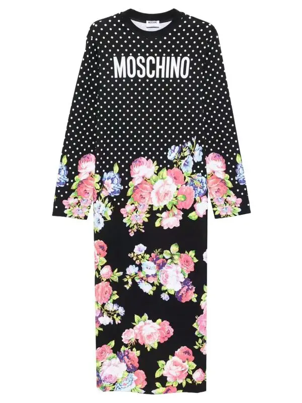 Moschino Polka-dot Floral-print Midi Dress - Black