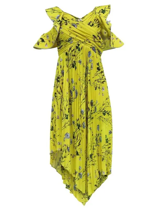SELF-PORTRAIT Pleated Floral-print Midi Dress - Yellow