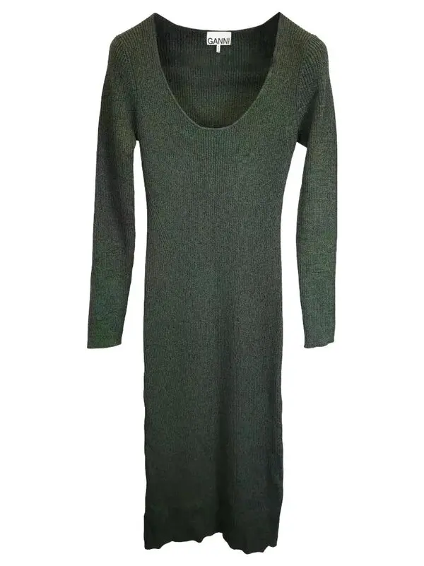 GANNI Ribbed-knit Long-sleeve Midi Dress - Green