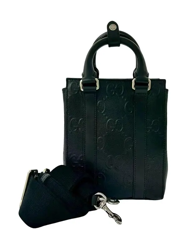 Gucci Mini Gg Embossed Perforated Leather Tote Satchel - Black