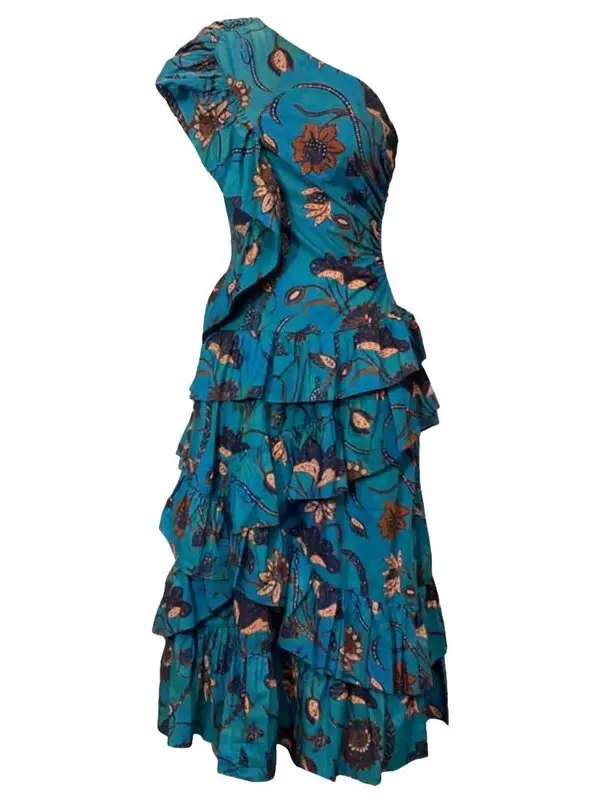 Ulla Johnson Ondine Ruffle Floral One-shoulder Midi Dress - Blue