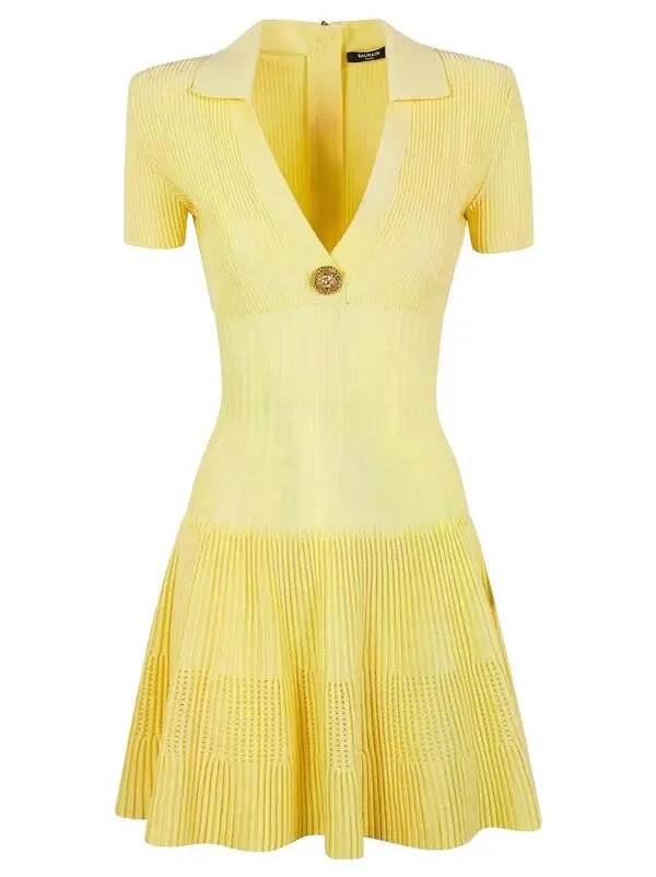 Balmain Lion-button Ribbed Dress - Yellow