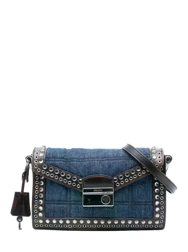 Prada Studded Denim Sound Lock Crossbody Bag - Blue