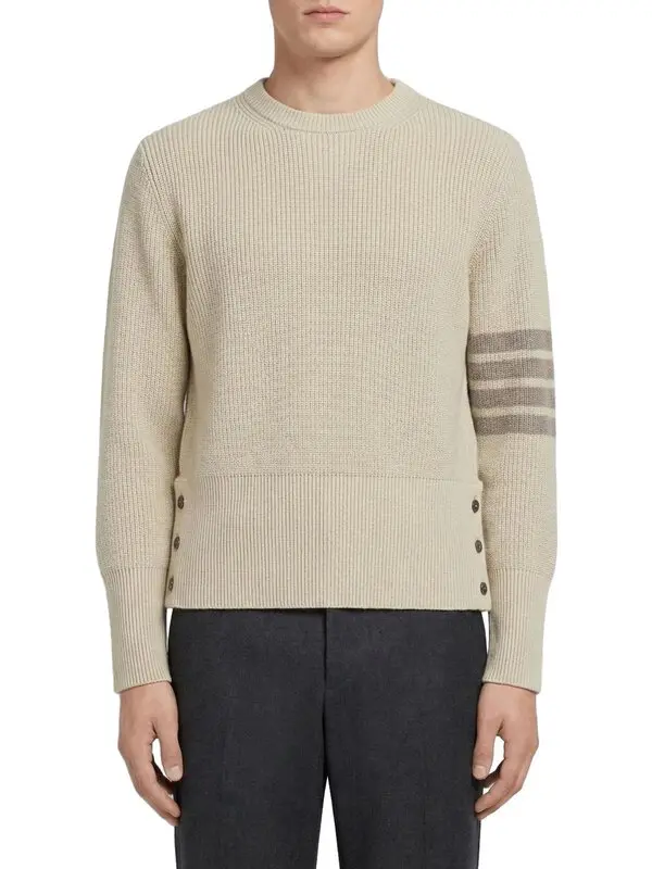 Thom Browne Ribbed Sweater With Signature Stripes - Beige