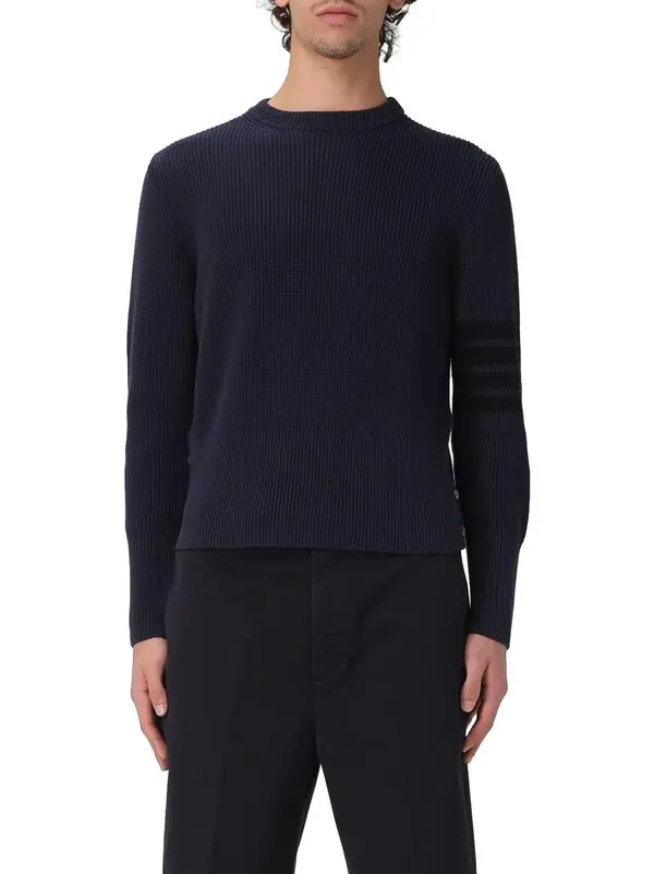 Thom Browne Ribbed Sweater With Signature Stripes - Blue