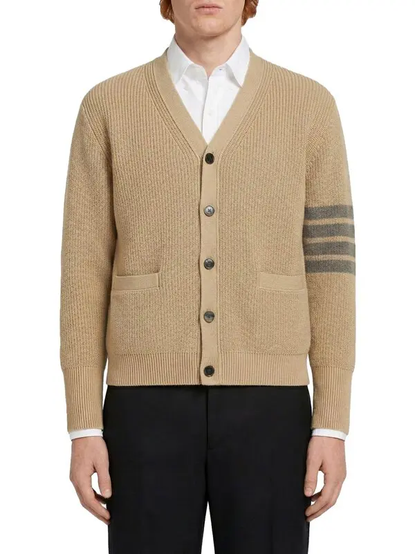 Thom Browne Ribbed Knit V-neck Cardigan - Beige