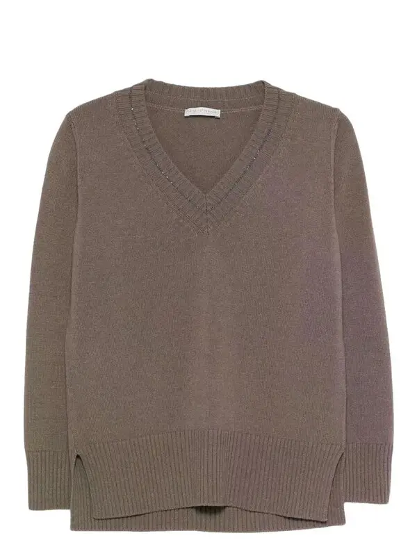 LE TRICOT PERUGIA V-neck Ribbed Sweater - Brown