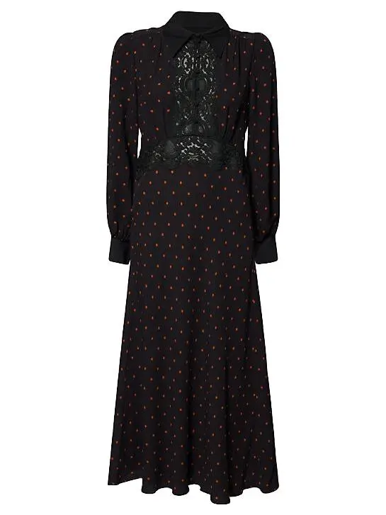 ME+EM Polka Dot Lace-trim Woven Maxi Dress - Black/caramel
