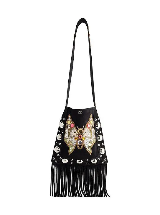 Valentino Garavani Nellcôte Embroidered Fringe Suede Shoulder Bag - Multicolor/nero