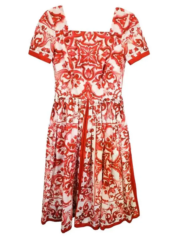 Dolce & Gabbana Majolica Pleated Printed Midi Dress - Red