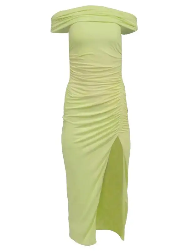 SELF-PORTRAIT Ruched Off-shoulder Midi Dress - Green