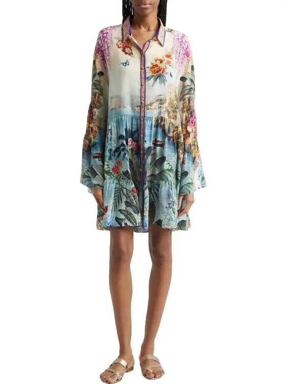 Camilla Printed Tiered Silk Shirtdress - Bodrum Botanicals