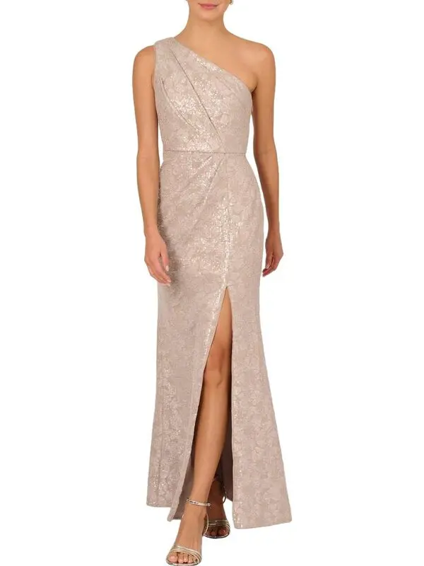 Adrianna Papell One-shoulder Sequin Jacquard Gown - Marble
