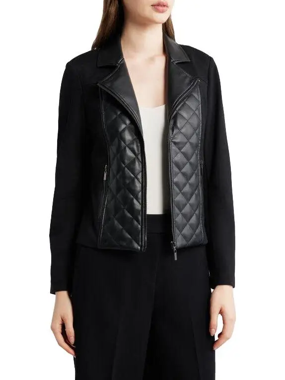 Anne Klein Quilted Mixed Media Moto Jacket - Anne Black