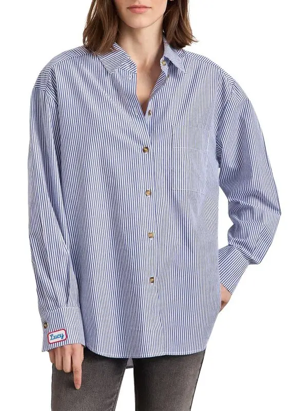 Sanctuary Graphic Striped Cotton Button-up Shirt - Blue/white