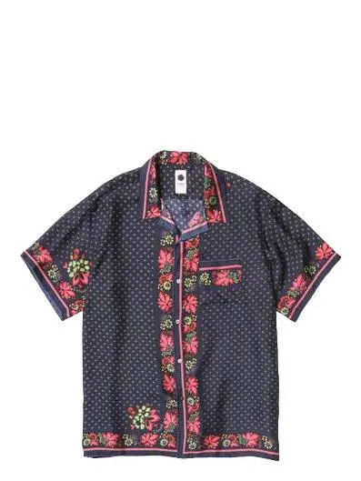 VOWELS Short Sleeve Silk Scarf Shirt - Dark Navy