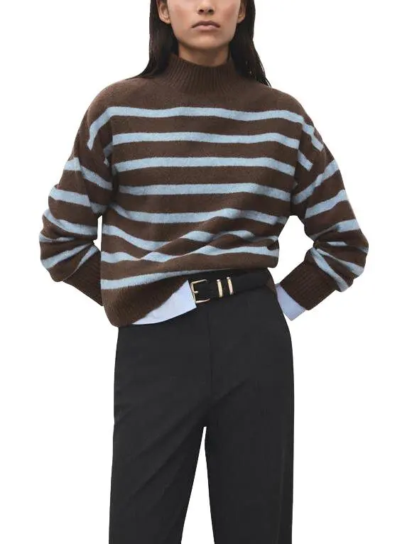 Mango Oversize Stripe Mock Neck Sweater - Chocolate
