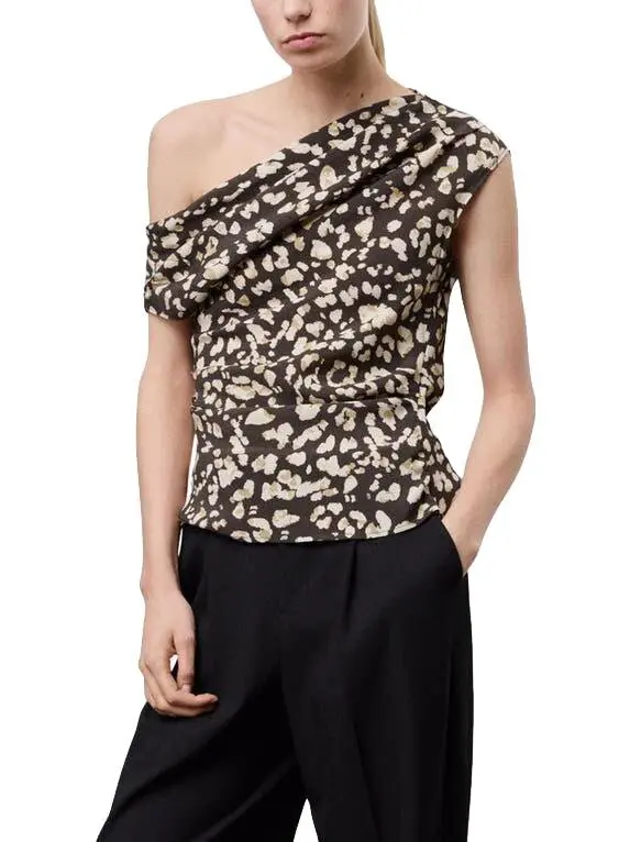 Mango Animal Print Draped Top - Brown