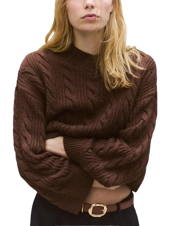 Mango Cable Knit V-neck Sweater - Brown
