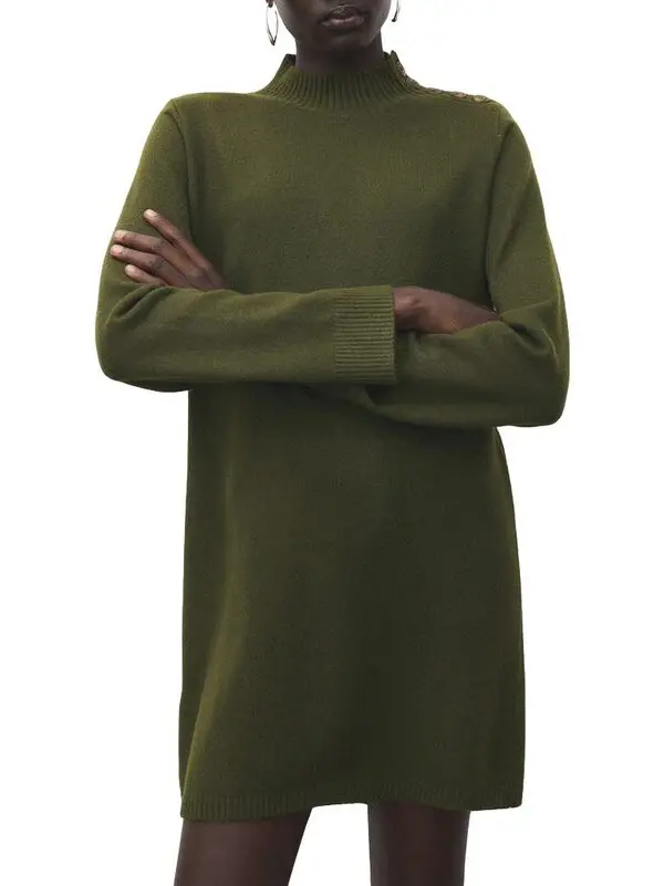 Mango Button Detail Long Sleeve Sweater Dress - Khaki Green