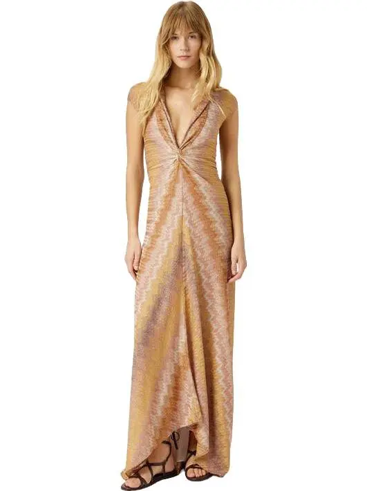 Missoni Long Dress With Knotted Neckline In Snake Motif Lamé Viscose - Green& Brown