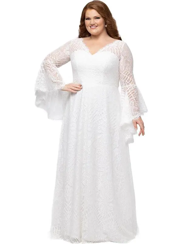 SYDNEY'S CLOSET Boho Bell Sleeves Plus-size Wedding Gown - Diamond White