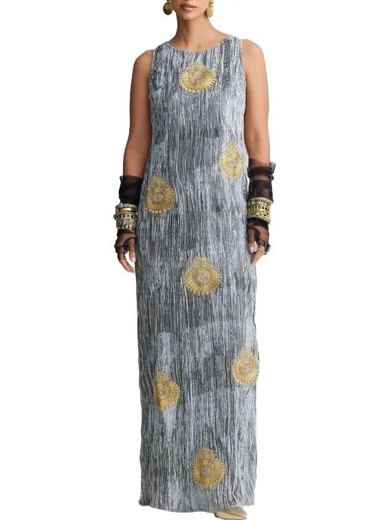 HOLICHIC Embroidered Crushed Velvet Maxi Dress - Gray