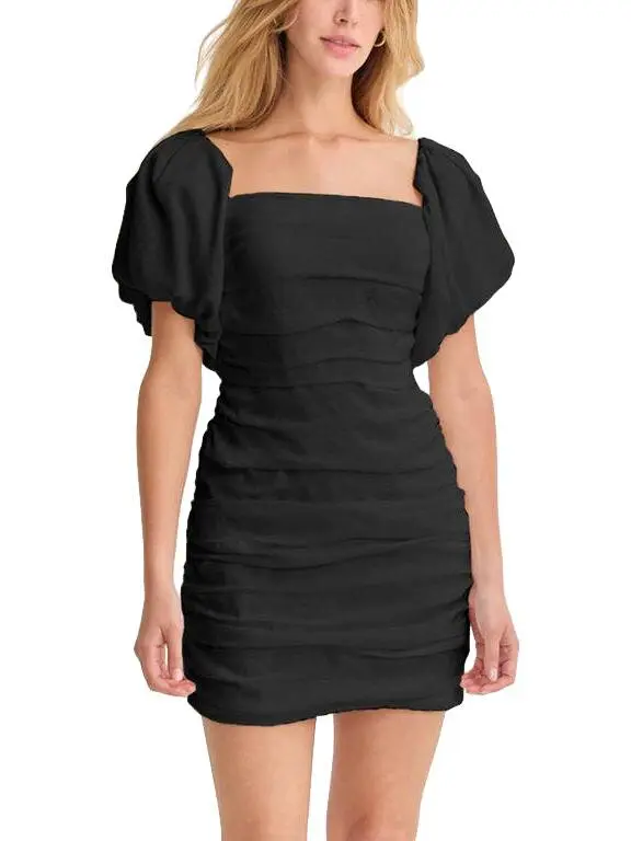 CRESCENT Puff Sleeves Ruched Mini Dress - Black