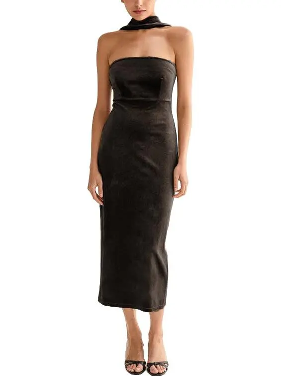 CRESCENT Halter Neck Velvet Tube Midi Dress - Black