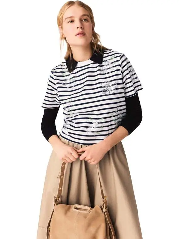 Maje Striped Rhinestone Flower T-shirt - White