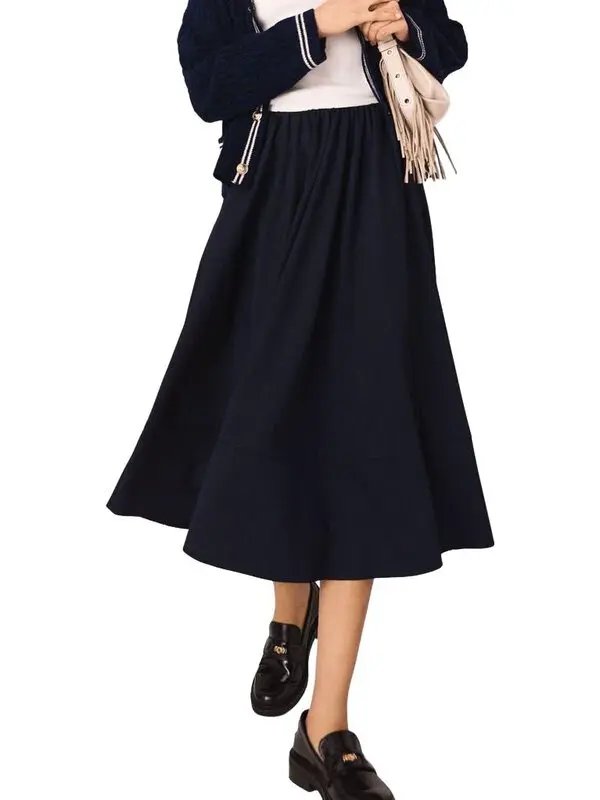 Maje Striped Tailored Midi Skirt - Navy