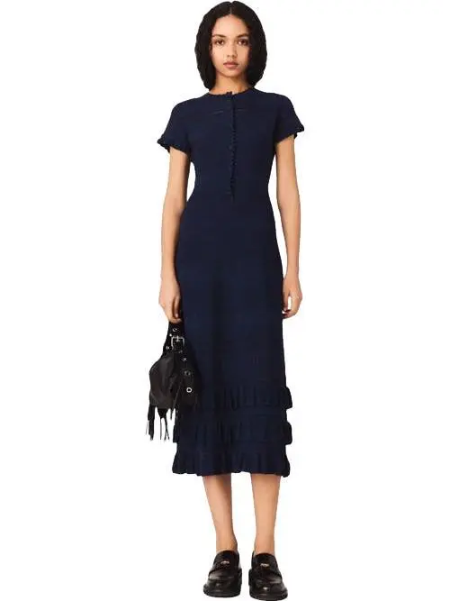 Maje Knit Midi Dress With Ruffles - Navy