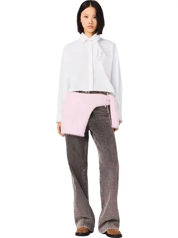 Maje Crochet Collar Poplin Shirt With Removable Tie Neck - White