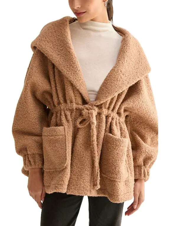 CRESCENT Cinched Waist Hooded Boucle Jacket - Mocha