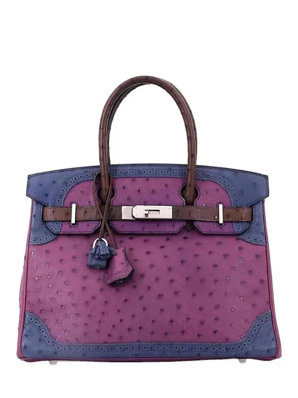 HERMES Birkin 30 Handbag Tricolor Ostrich With Palladium Hardware - Purple