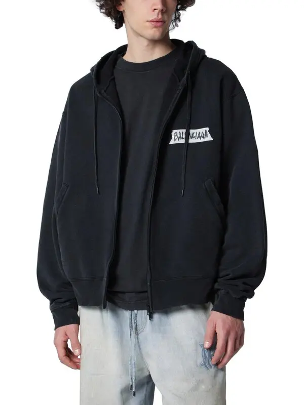 Balenciaga Washed Masking Tape Oversize Hoodie - Black
