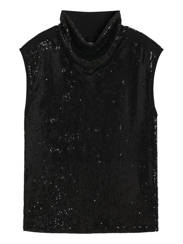 BOSS Sequin Top With Draped Funnel Neckline - Black