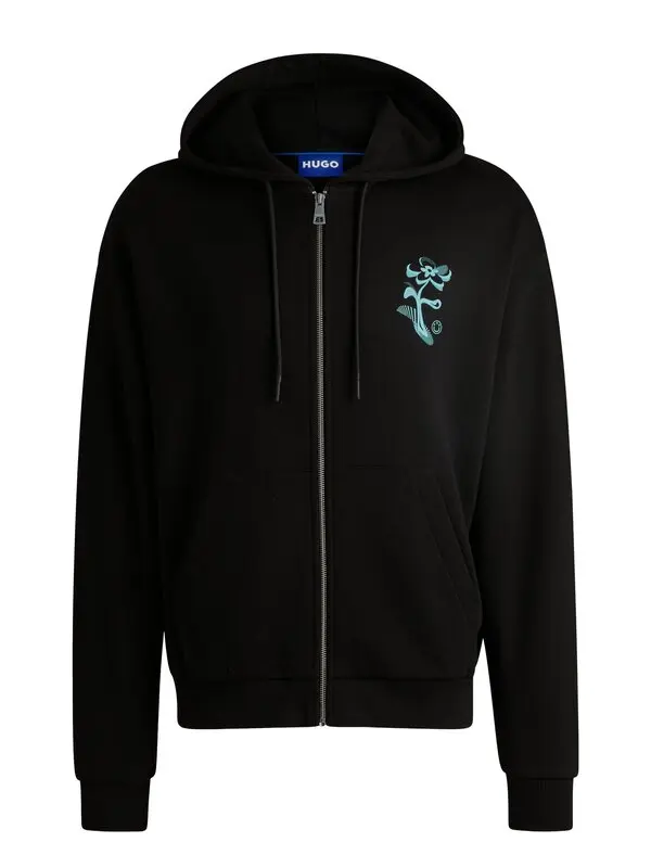 Hugo Cotton-terry Zip-up Hoodie With Artwork - Black