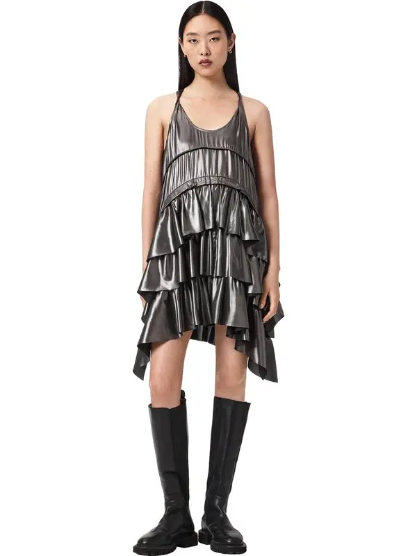 ALLSAINTS Cavarly Metallic Mini Dress - Metallic Silver