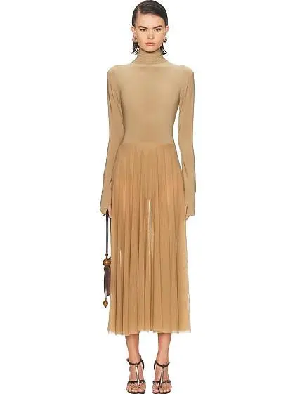 Norma Kamali Long Sleeve Turtleneck Flared Midcalf Dress - Camel