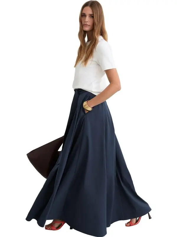REISS Simone Cotton-blend Pleated Maxi Skirt - Navy