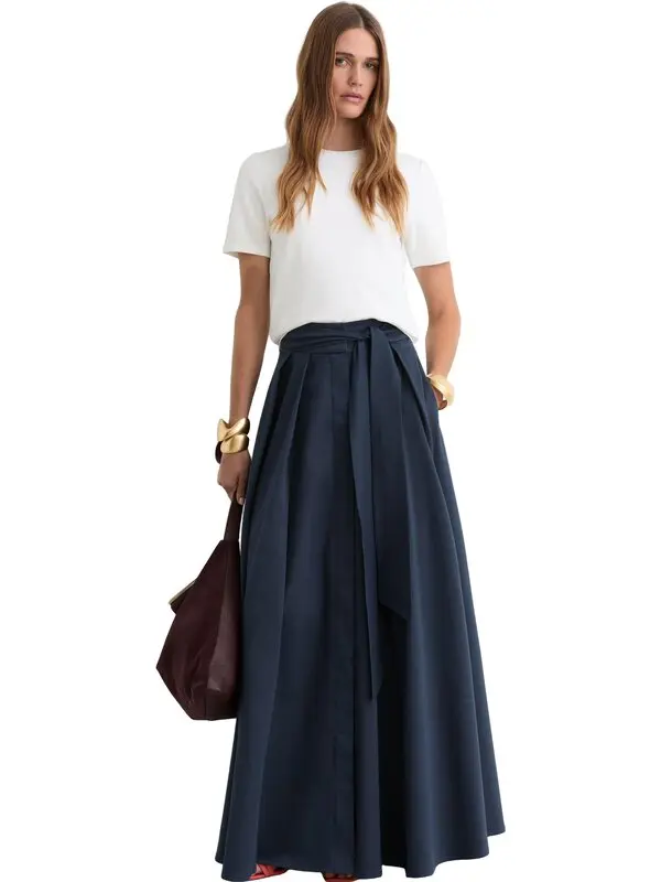 REISS Simone Cotton-blend Pleated Maxi Skirt - Navy