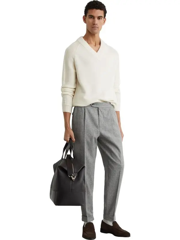 REISS Wool-blend Check Tapered Trousers - Grey