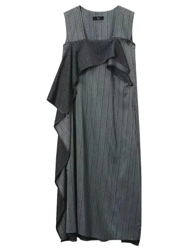 Y’s Striped Sleeveless Dress With Ruffle Detail - Grey