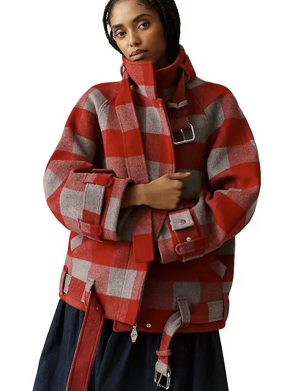 DAMSON MADDER Wool Mock-neck Bomber Jacket - Red Plaid