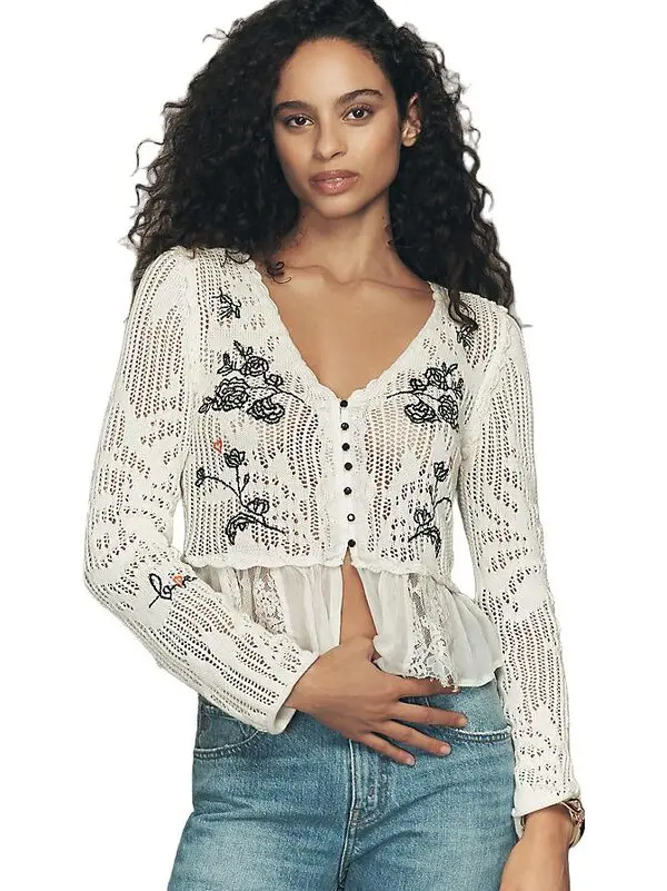 Anthropologie Floral Embroidered Peplum Sweater - Ivory