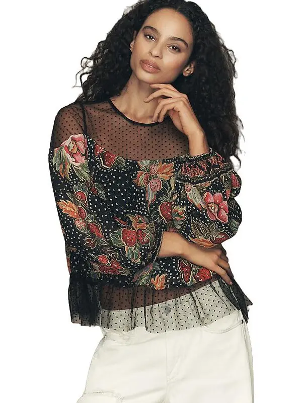 Farm Rio Long-sleeve Sheer Mesh Top - Black Floral