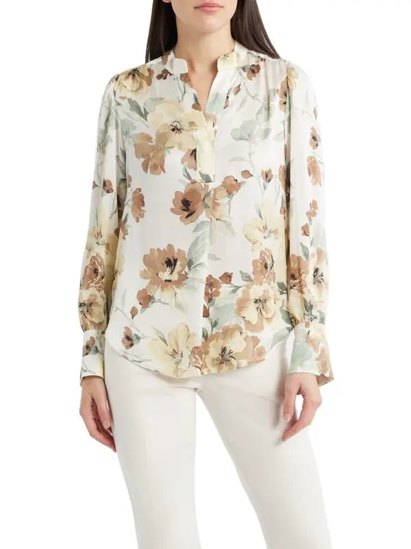 Anne Klein Floral Satin Blouse - White Dove Multi